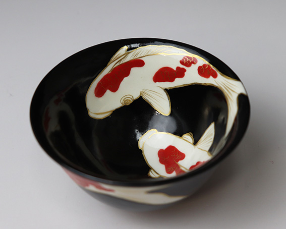 Kyoto pottery (Kyoyaki) - handpainted nishikigoi (koi cark) sake cup ...